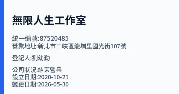 無限人生工作室的照片-統編 87520485(新北市) 公司登記資料與營業項目詳細圖表