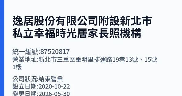 逸居股份有限公司附設新北市私立幸福時光居家長照機構的照片-統編 87520817(新北市) 公司登記資料與營業項目詳細圖表