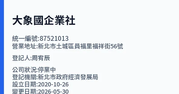 大象國企業社的照片-統編 87521013(新北市) 公司登記資料與營業項目詳細圖表