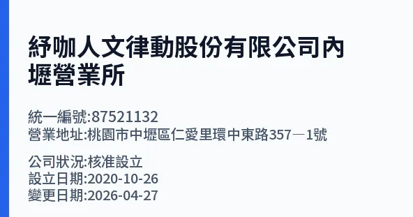 紓咖人文律動股份有限公司內壢營業所的照片-統編 87521132(桃園市) 公司登記資料與營業項目詳細圖表