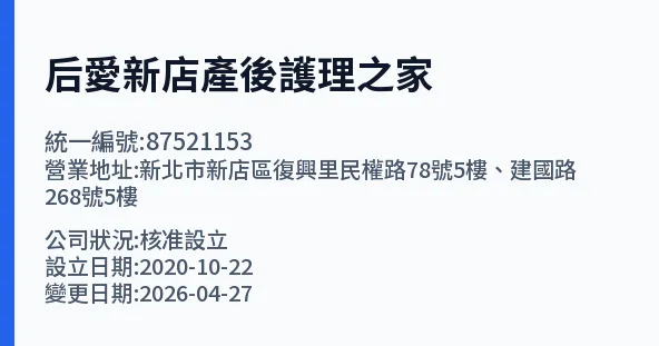 后愛新店產後護理之家的照片-統編 87521153(新北市) 公司登記資料與營業項目詳細圖表