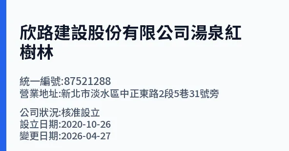 欣路建設股份有限公司湯泉紅樹林的照片-統編 87521288(新北市) 公司登記資料與營業項目詳細圖表