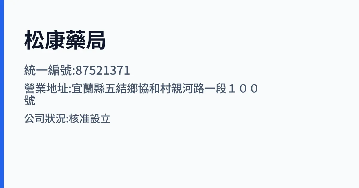 松康藥局 - 統編 87521371 (宜蘭縣) 公司登記資料與營業項目詳細圖表