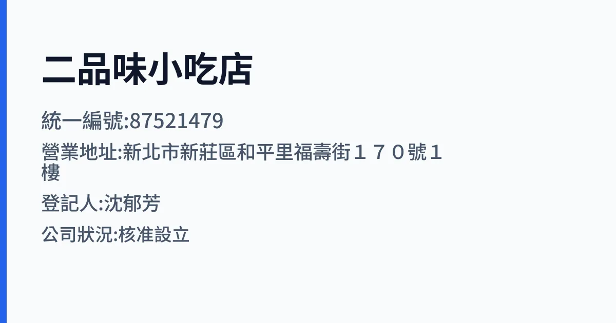 二品味小吃店 - 統編 87521479(新北市) 公司登記資料與營業項目詳細圖表