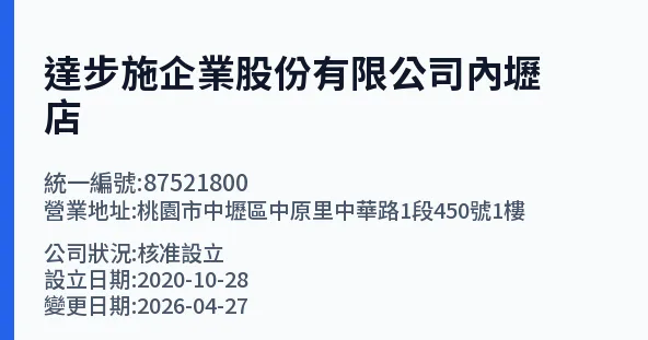 達步施企業股份有限公司內壢店的照片-統編 87521800(桃園市) 公司登記資料與營業項目詳細圖表