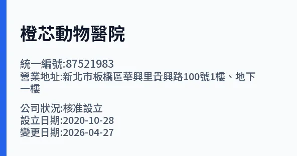 橙芯動物醫院的照片-統編 87521983(新北市) 公司登記資料與營業項目詳細圖表