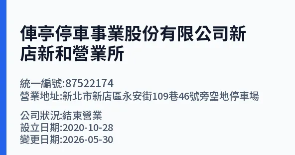 俥亭停車事業股份有限公司新店新和營業所的照片-統編 87522174(新北市) 公司登記資料與營業項目詳細圖表