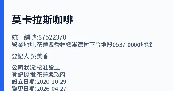 莫卡拉斯咖啡的照片-統編 87522370(花蓮縣) 公司登記資料與營業項目詳細圖表