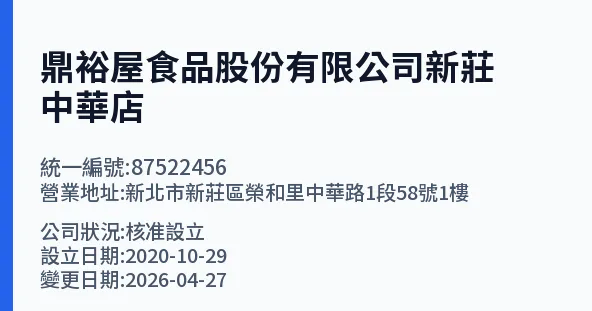 鼎裕屋食品股份有限公司新莊中華店的照片-統編 87522456(新北市) 公司登記資料與營業項目詳細圖表
