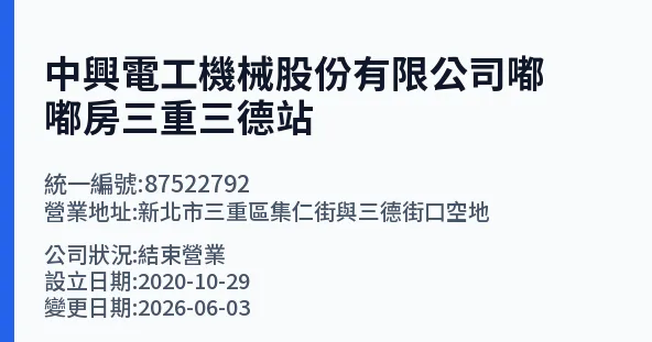 中興電工機械股份有限公司嘟嘟房三重三德站的照片-統編 87522792(新北市) 公司登記資料與營業項目詳細圖表