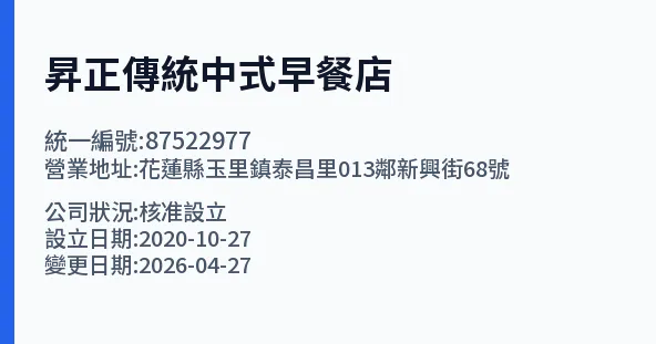 昇正傳統中式早餐店的照片-統編 87522977(花蓮縣) 公司登記資料與營業項目詳細圖表