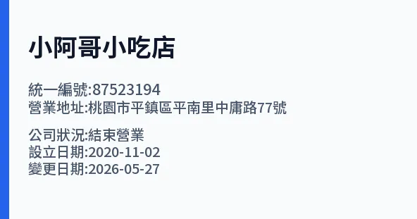小阿哥小吃店的照片-統編 87523194(桃園市) 公司登記資料與營業項目詳細圖表