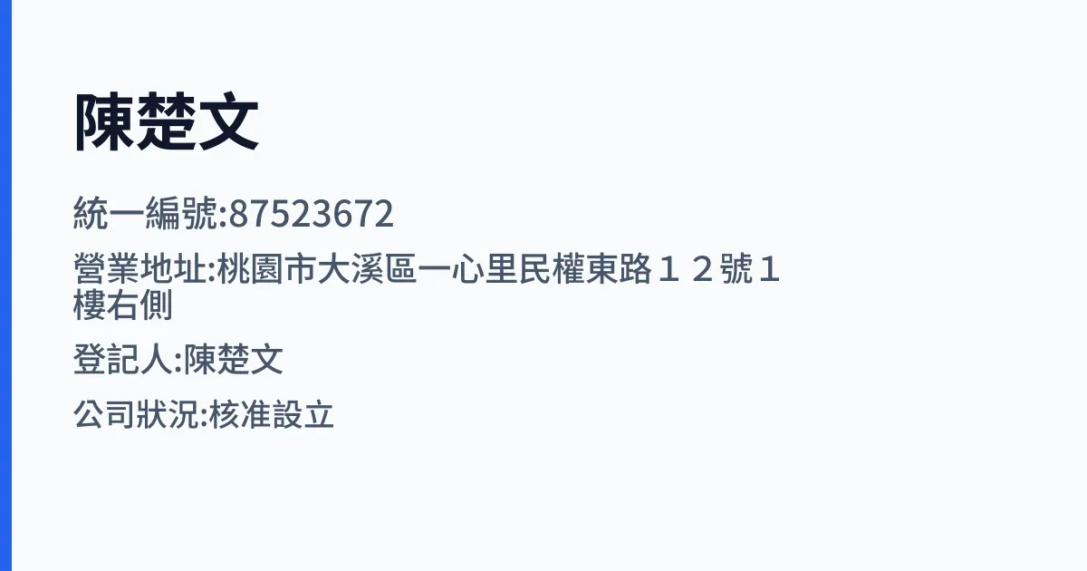 陳楚文 - 統編 87523672(桃園市) 公司登記資料與營業項目詳細圖表