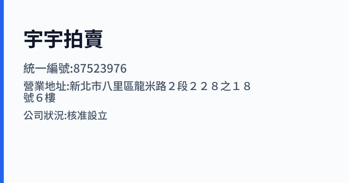宇宇拍賣 - 統編 87523976(新北市) 公司登記資料與營業項目詳細圖表