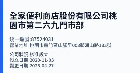 全家便利商店股份有限公司桃園市第二六九門市部的照片-統編 87524031(桃園市) 公司登記資料與營業項目詳細圖表