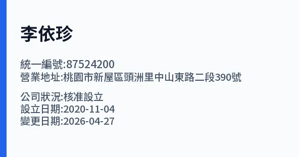 李依珍的照片-統編 87524200(桃園市) 公司登記資料與營業項目詳細圖表
