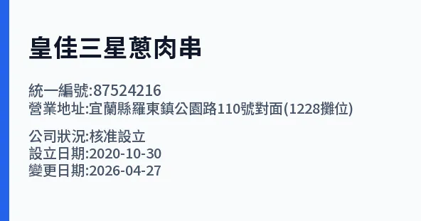 皇佳三星蔥肉串的照片-統編 87524216(宜蘭縣) 公司登記資料與營業項目詳細圖表