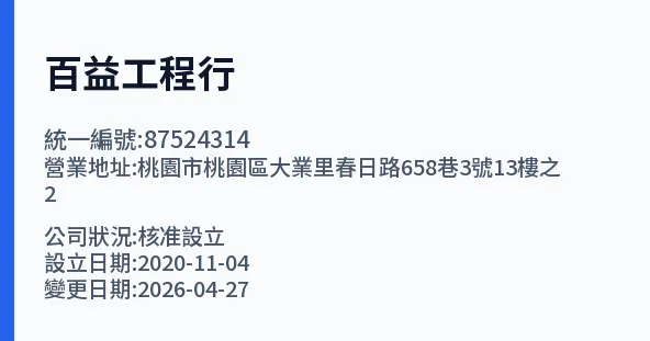 百益工程行的照片-統編 87524314(桃園市) 公司登記資料與營業項目詳細圖表