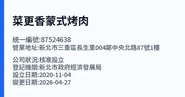 菜更香蒙式烤肉的照片-統編 87524638(新北市) 公司登記資料與營業項目詳細圖表