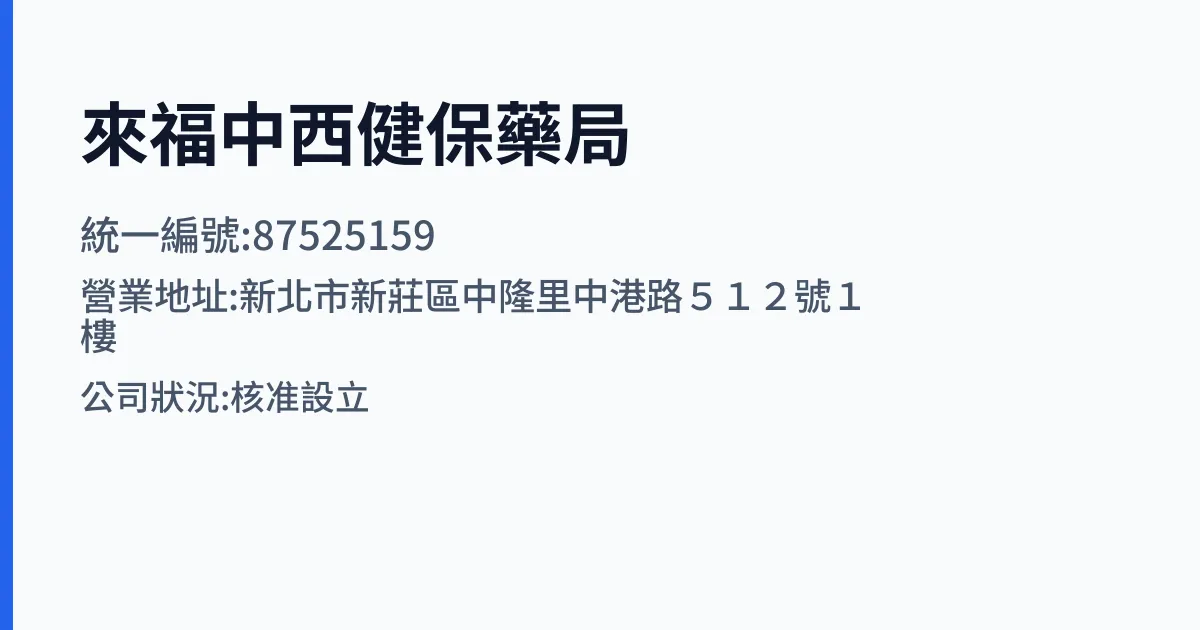 來福中西健保藥局 - 統編 87525159(新北市) 公司登記資料與營業項目詳細圖表
