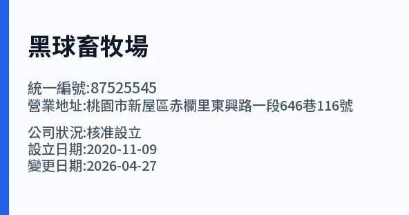 黑球畜牧場的照片-統編 87525545(桃園市) 公司登記資料與營業項目詳細圖表