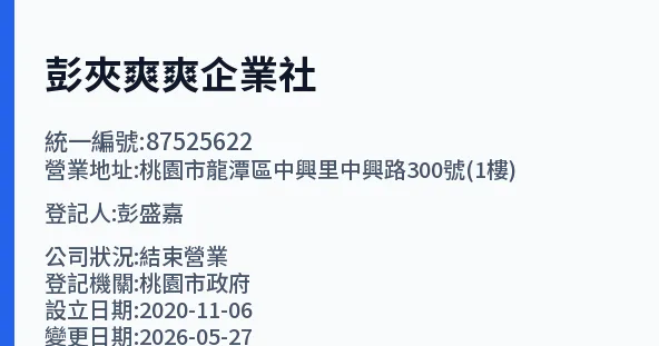 彭夾爽爽企業社的照片-統編 87525622(桃園市) 公司登記資料與營業項目詳細圖表
