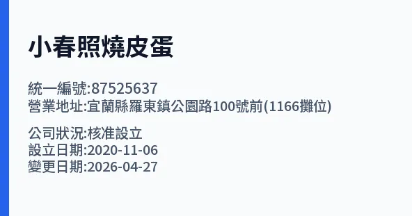 小春照燒皮蛋的照片-統編 87525637(宜蘭縣) 公司登記資料與營業項目詳細圖表