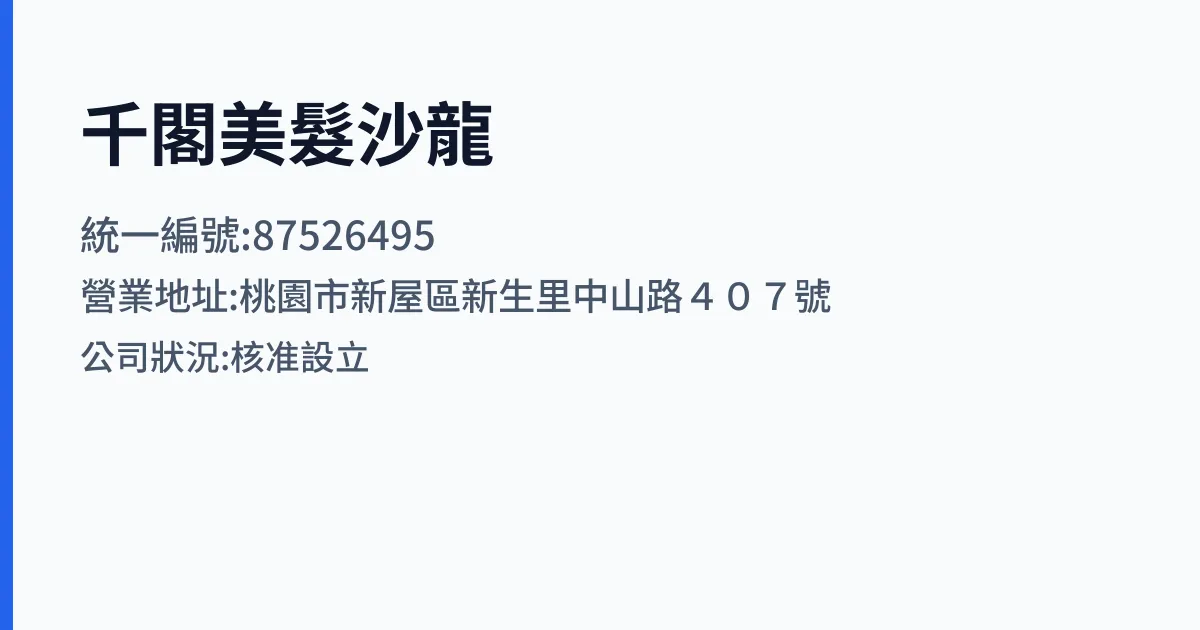 千閣美髮沙龍 - 統編 87526495(桃園市) 公司登記資料與營業項目詳細圖表