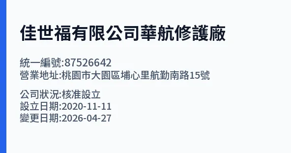 佳世福有限公司華航修護廠的照片-統編 87526642(桃園市) 公司登記資料與營業項目詳細圖表