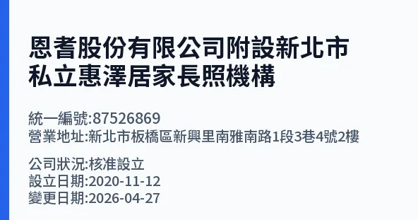 恩耆股份有限公司附設新北市私立惠澤居家長照機構的照片-統編 87526869(新北市) 公司登記資料與營業項目詳細圖表