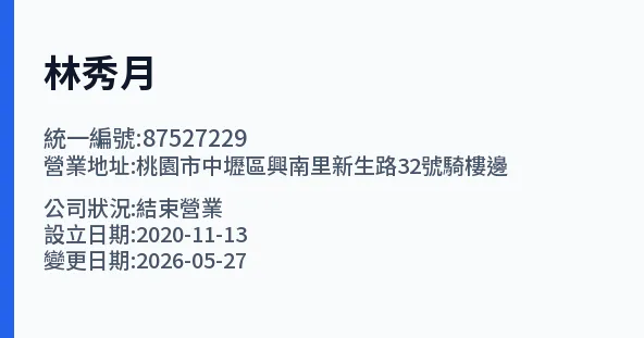 林秀月的照片-統編 87527229(桃園市) 公司登記資料與營業項目詳細圖表