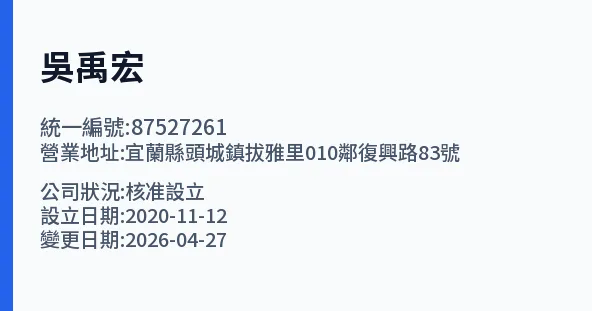 吳禹宏的照片-統編 87527261(宜蘭縣) 公司登記資料與營業項目詳細圖表