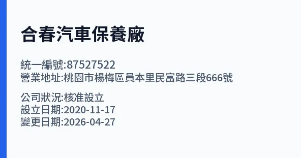 合春汽車保養廠的照片-統編 87527522(桃園市) 公司登記資料與營業項目詳細圖表