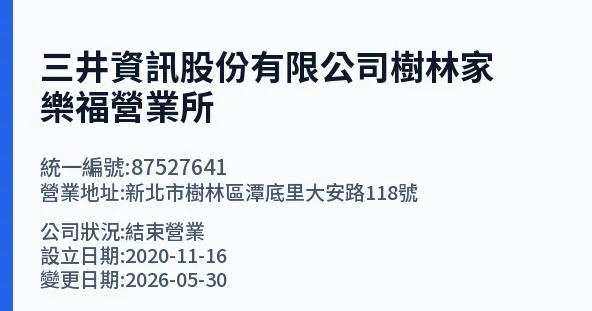 三井資訊股份有限公司樹林家樂福營業所的照片-統編 87527641(新北市) 公司登記資料與營業項目詳細圖表