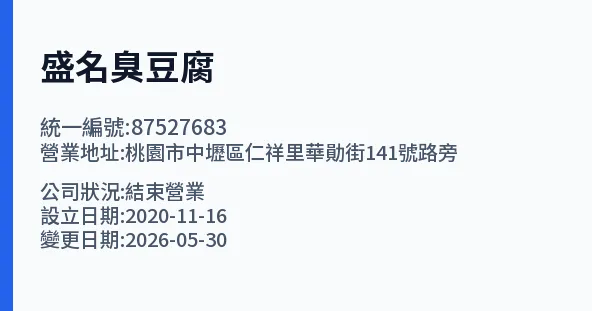 盛名臭豆腐的照片-統編 87527683(桃園市) 公司登記資料與營業項目詳細圖表