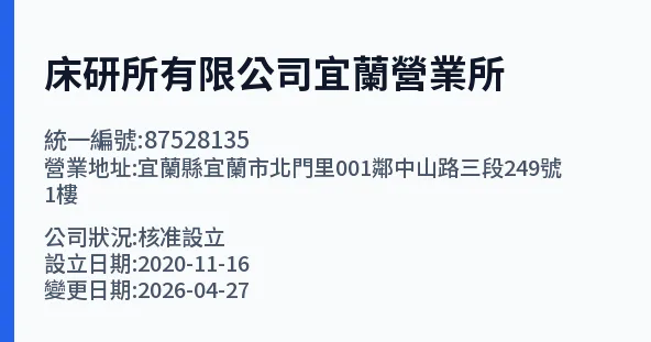 床研所有限公司宜蘭營業所的照片-統編 87528135(宜蘭縣) 公司登記資料與營業項目詳細圖表