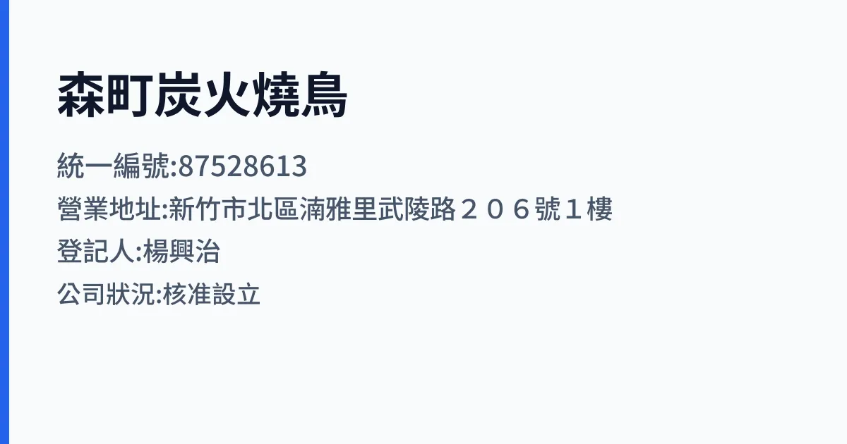 森町炭火燒鳥 - 統編 87528613(新竹市) 公司登記資料與營業項目詳細圖表