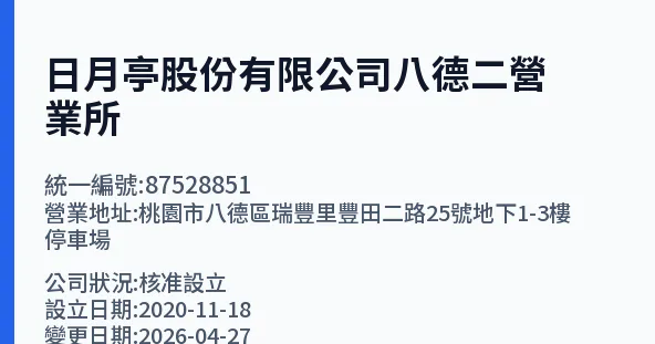 日月亭股份有限公司八德二營業所的照片-統編 87528851(桃園市) 公司登記資料與營業項目詳細圖表