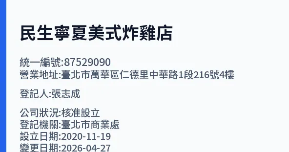 民生寧夏美式炸雞店的照片-統編 87529090(臺北市) 公司登記資料與營業項目詳細圖表