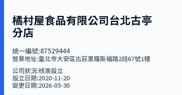 橘村屋食品有限公司永和頂溪分店的照片-統編 87529444(新北市) 公司登記資料與營業項目詳細圖表
