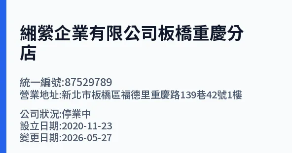 緗縈企業有限公司板橋重慶分店的照片-統編 87529789(新北市) 公司登記資料與營業項目詳細圖表