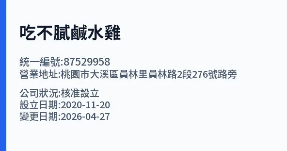 吃不膩鹹水雞的照片-統編 87529958(桃園市) 公司登記資料與營業項目詳細圖表