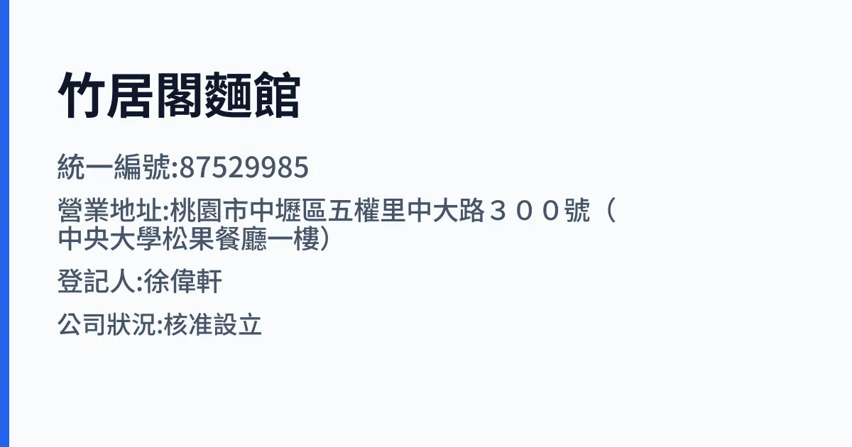 竹居閣麵館 - 統編 87529985(桃園市) 公司登記資料與營業項目詳細圖表