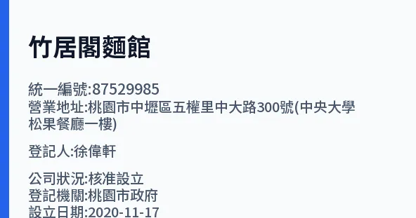 竹居閣麵館的照片-統編 87529985(桃園市) 公司登記資料與營業項目詳細圖表