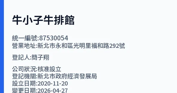 牛小子牛排館的照片-統編 87530054(新北市) 公司登記資料與營業項目詳細圖表