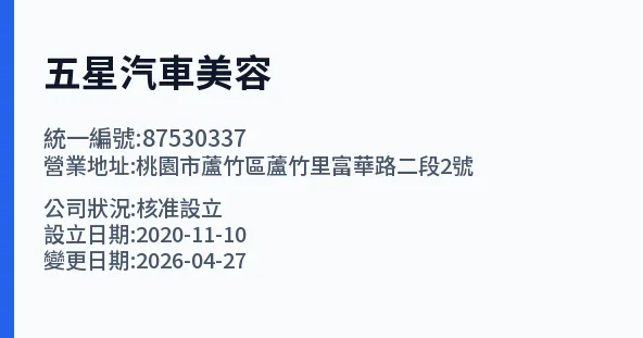 五星汽車美容的照片-統編 87530337(桃園市) 公司登記資料與營業項目詳細圖表