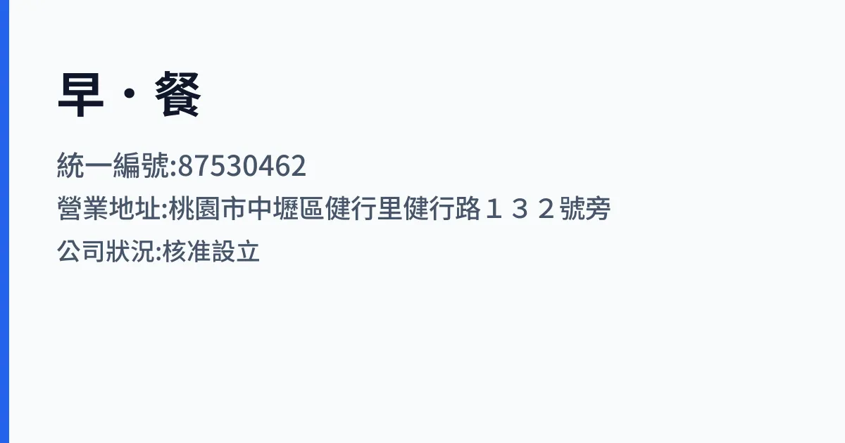 早.餐 - 統編 87530462(桃園市) 公司登記資料與營業項目詳細圖表