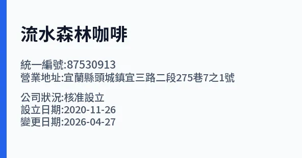 流水森林咖啡的照片-統編 87530913(宜蘭縣) 公司登記資料與營業項目詳細圖表