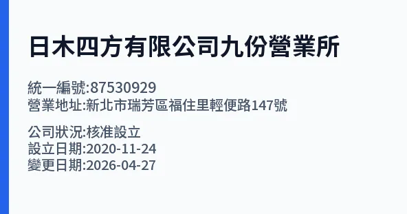日木四方有限公司九份營業所的照片-統編 87530929(新北市) 公司登記資料與營業項目詳細圖表