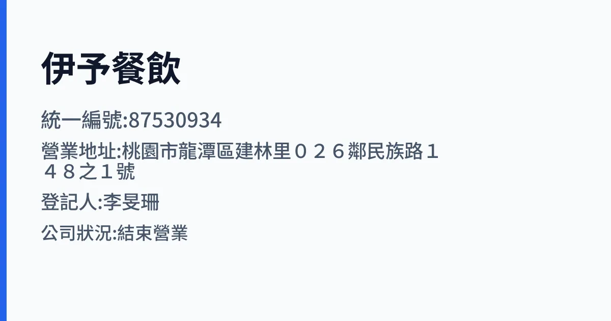 伊予餐飲 - 統編 87530934(桃園市) 公司登記資料與營業項目詳細圖表